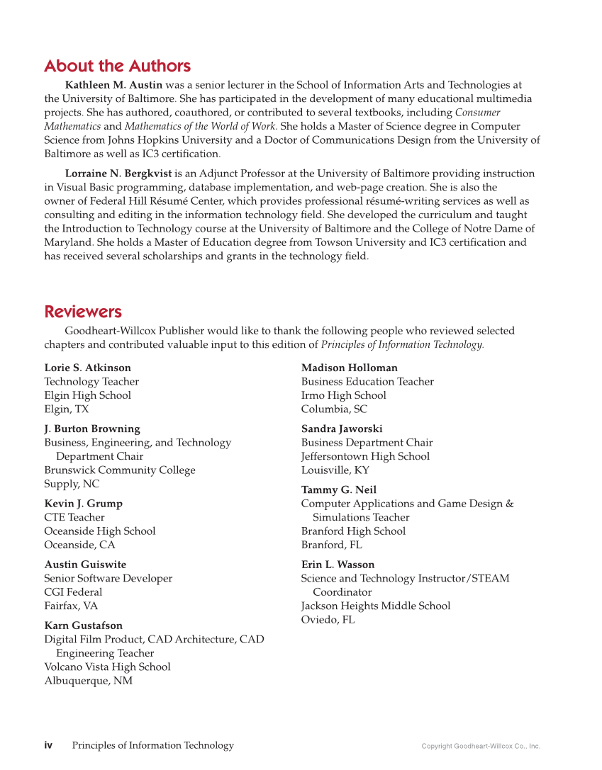 Principles of Information Technology, 1st Edition page iv