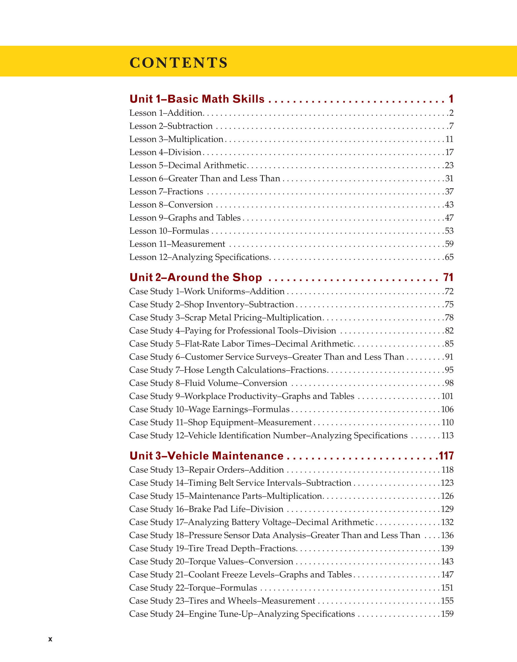 Math for Automotive Technicians, 1st Edition page x