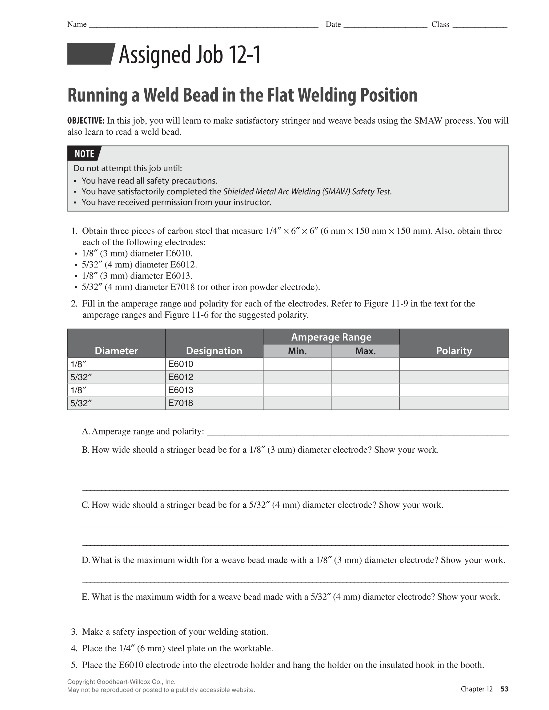 Welding Fundamentals 6e, Lab Workbook page 53