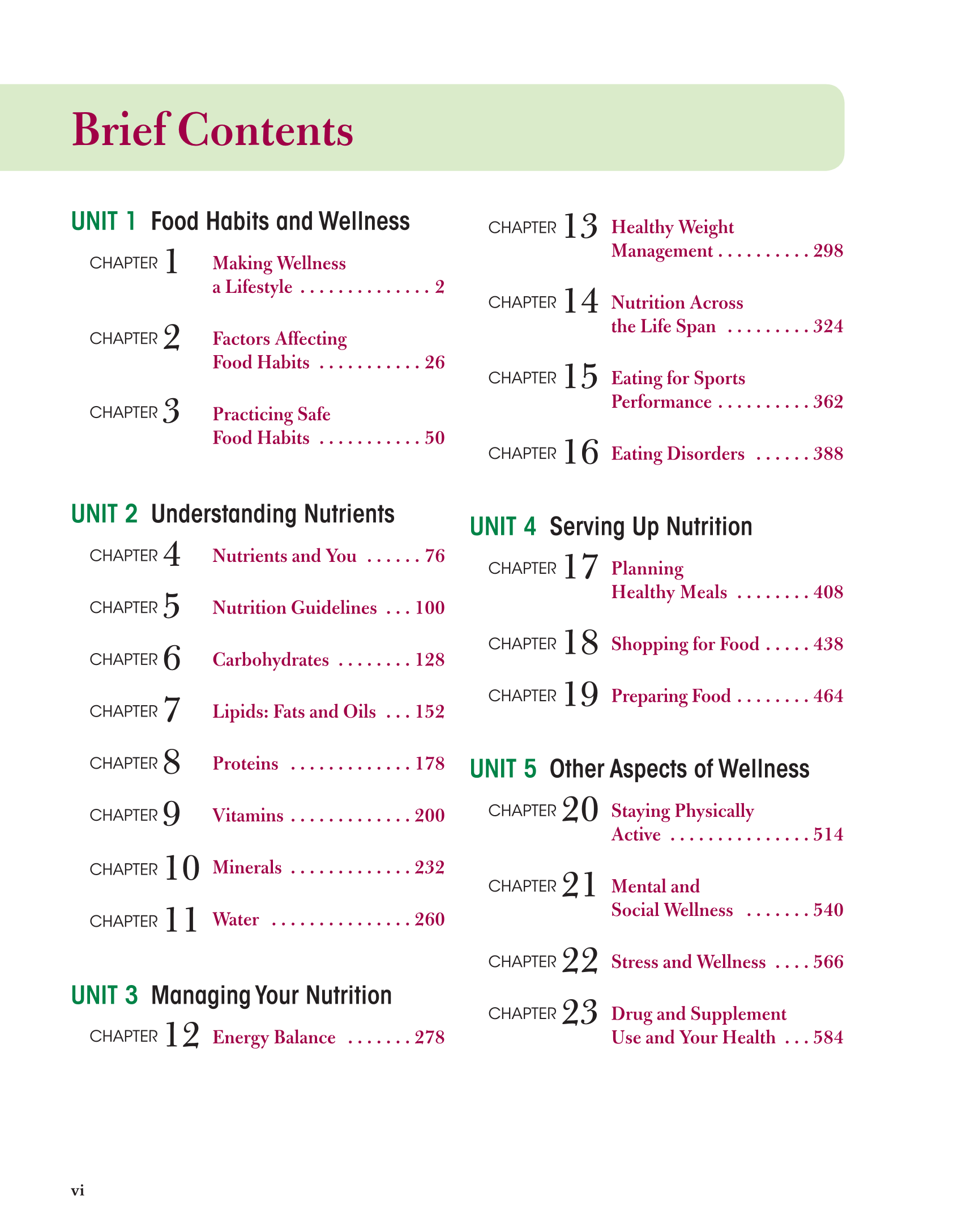 Nutrition & Wellness for Life, 5th Edition page vi